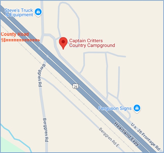 Map zoomed in showing how to get to Captain Critters Country Campground